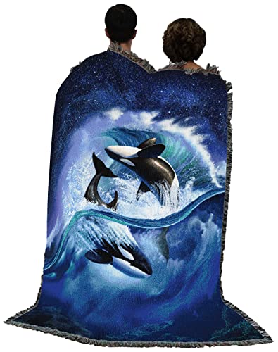 Pure Country Weavers JL Orca Wave Blanket by Jerry LoFaro - Ocean Whales Gift Tapestry Throw Woven from Cotton - Made in The USA (72x54)