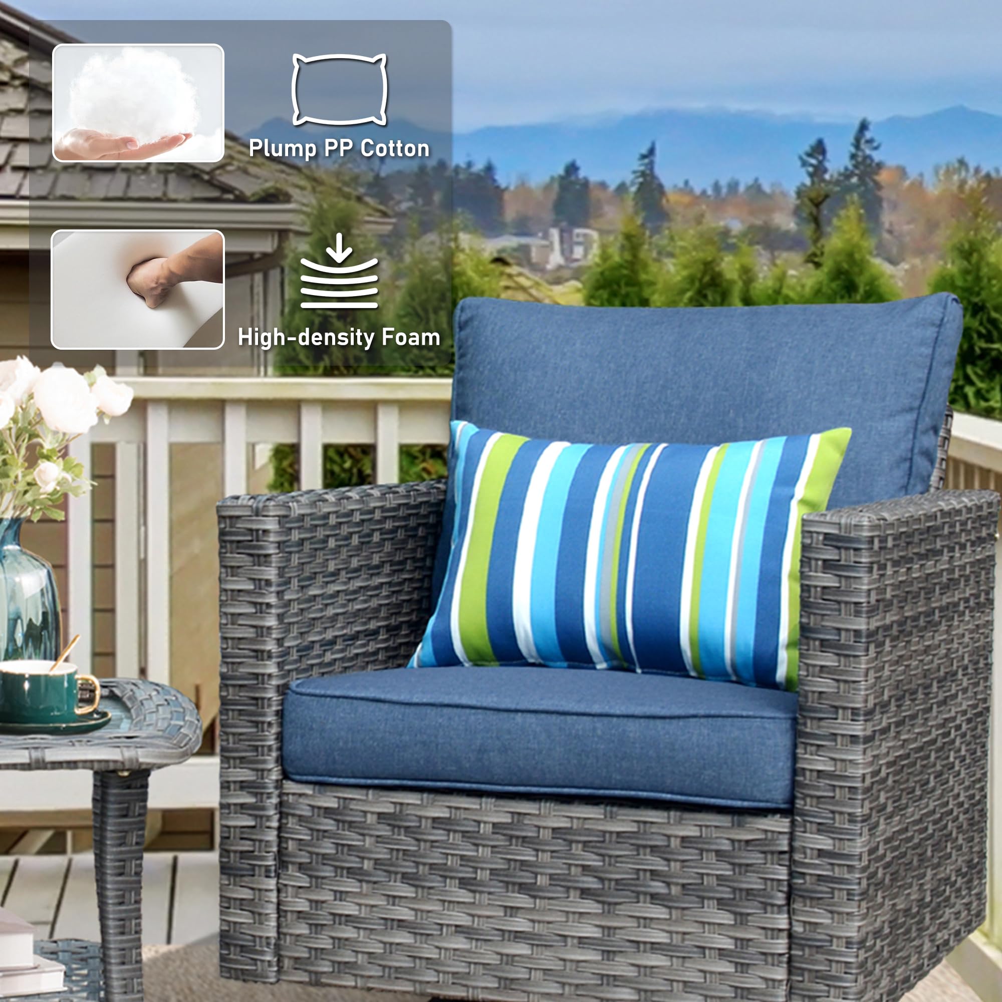 HOOOWOOO Patio Outdoor Conversation Set with Fire Pit Table,6 Piece Modern Outside Furniture with Swivel Rocking Chairs,PE Wicker Out Door Furniture Sofa Set(Denim Blue)