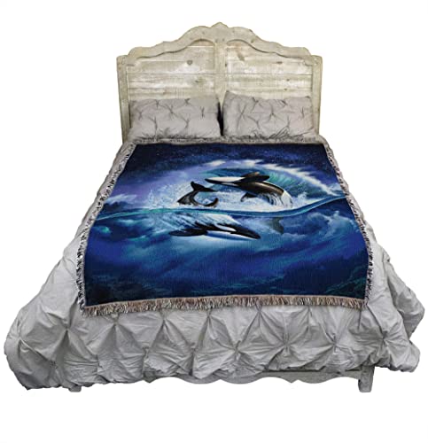 Pure Country Weavers JL Orca Wave Blanket by Jerry LoFaro - Ocean Whales Gift Tapestry Throw Woven from Cotton - Made in The USA (72x54)