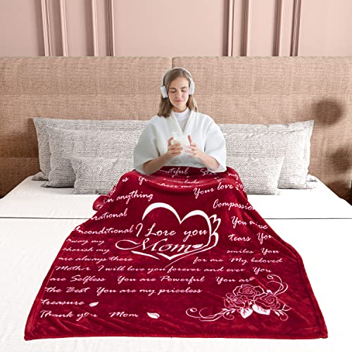 LONGTM Mom Blanket, Mom Gifts, Mom Birthday Gift, Valentine's Day Gift, from Daughter or Son, Warm Soft Throw Blanket 65β x 50β (Red)