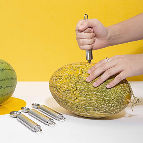 Riveira Melon Baller Scoop Set Stainless Steel 4-Piece Carving Knife Watermelon Cantaloupe Scooper for Cutting and Scooping Fruit Melons