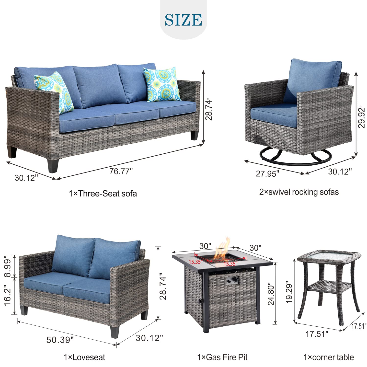 HOOOWOOO Patio Outdoor Conversation Set with Fire Pit Table,6 Piece Modern Outside Furniture with Swivel Rocking Chairs,PE Wicker Out Door Furniture Sofa Set(Denim Blue)