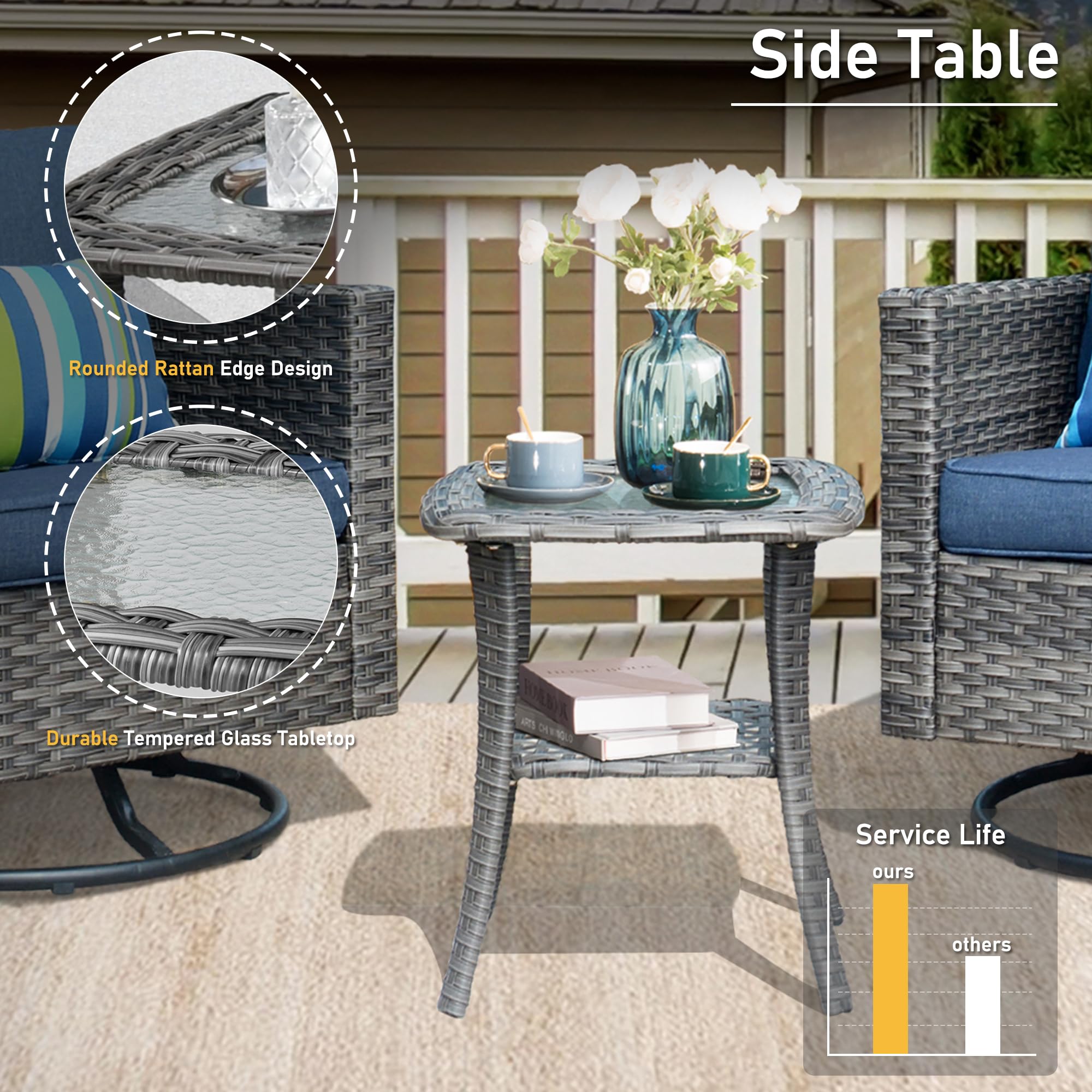 HOOOWOOO Patio Outdoor Conversation Set with Fire Pit Table,6 Piece Modern Outside Furniture with Swivel Rocking Chairs,PE Wicker Out Door Furniture Sofa Set(Denim Blue)
