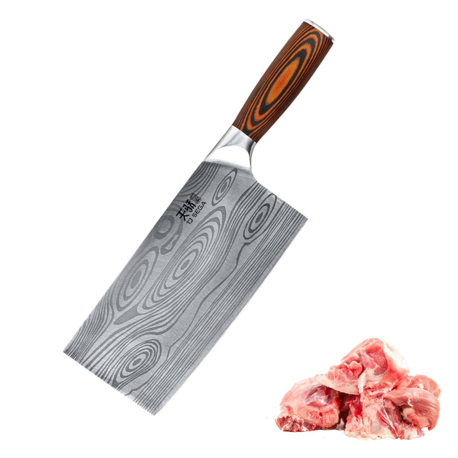 Professional Chinese Chef's Knife, Ultra Sharp Meat Cleaver 7.8 Inch, Damascus pattern Chopping Knife, 40Cr13 Steel Blade Thickness 3 mm, TJ SEGA Series TC19022