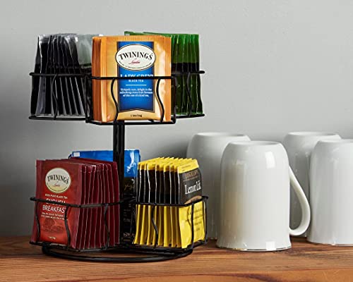 Nifty Tea Bag Spinning Carousel – 6 Compartments, Up to 60 Tea Bags Storage, Spins 360-Degrees, Lazy Susan Platform, Modern Black Design, Home or Office Kitchen Counter Organizer
