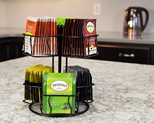 Nifty Tea Bag Spinning Carousel – 6 Compartments, Up to 60 Tea Bags Storage, Spins 360-Degrees, Lazy Susan Platform, Modern Black Design, Home or Office Kitchen Counter Organizer