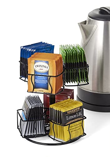 Nifty Tea Bag Spinning Carousel – 6 Compartments, Up to 60 Tea Bags Storage, Spins 360-Degrees, Lazy Susan Platform, Modern Black Design, Home or Office Kitchen Counter Organizer
