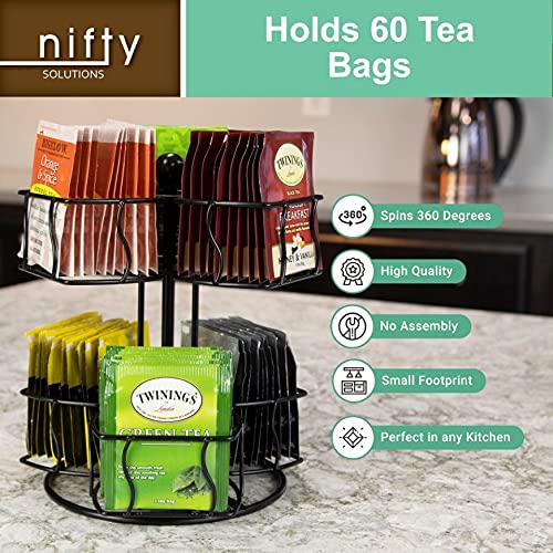 Nifty Tea Bag Spinning Carousel – 6 Compartments, Up to 60 Tea Bags Storage, Spins 360-Degrees, Lazy Susan Platform, Modern Black Design, Home or Office Kitchen Counter Organizer