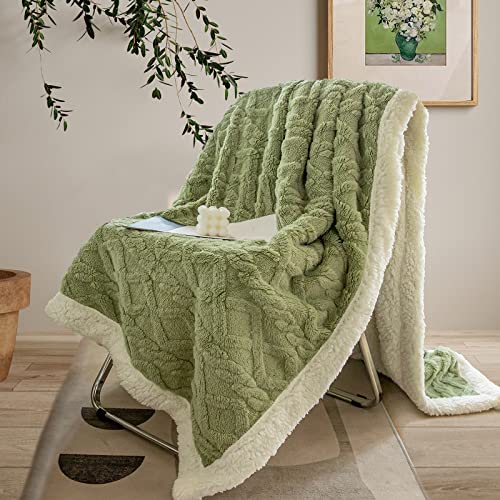 Plush Thick Sherpa Throw Blanket - Soft Warm Breathable Fleece Velvet Blanket with 3D Stylish Cable Pattern for Bed Sofa Recliner Chair - Fluffy Throw Size 50"×60", Sage Green