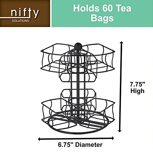 Nifty Tea Bag Spinning Carousel – 6 Compartments, Up to 60 Tea Bags Storage, Spins 360-Degrees, Lazy Susan Platform, Modern Black Design, Home or Office Kitchen Counter Organizer