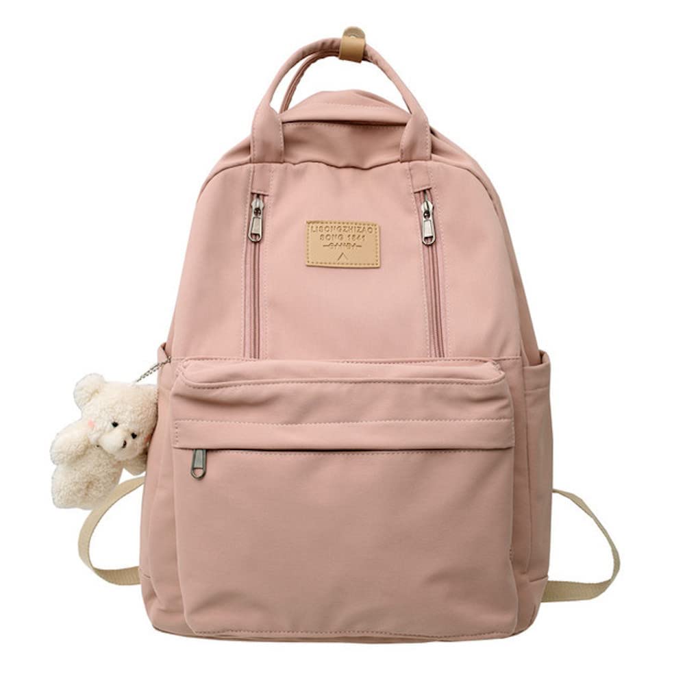 AONUOWE Preppy Backpack with Plushies Cute Backpack for Teen Girls Light Academia Bookbags Solid Aesthetic School Bag (Pink)