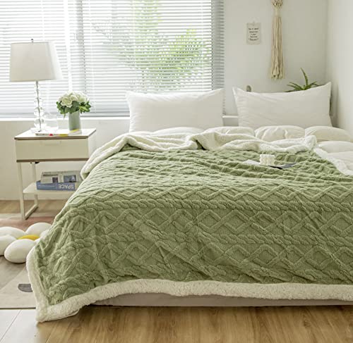 Plush Thick Sherpa Throw Blanket - Soft Warm Breathable Fleece Velvet Blanket with 3D Stylish Cable Pattern for Bed Sofa Recliner Chair - Fluffy Throw Size 50"×60", Sage Green