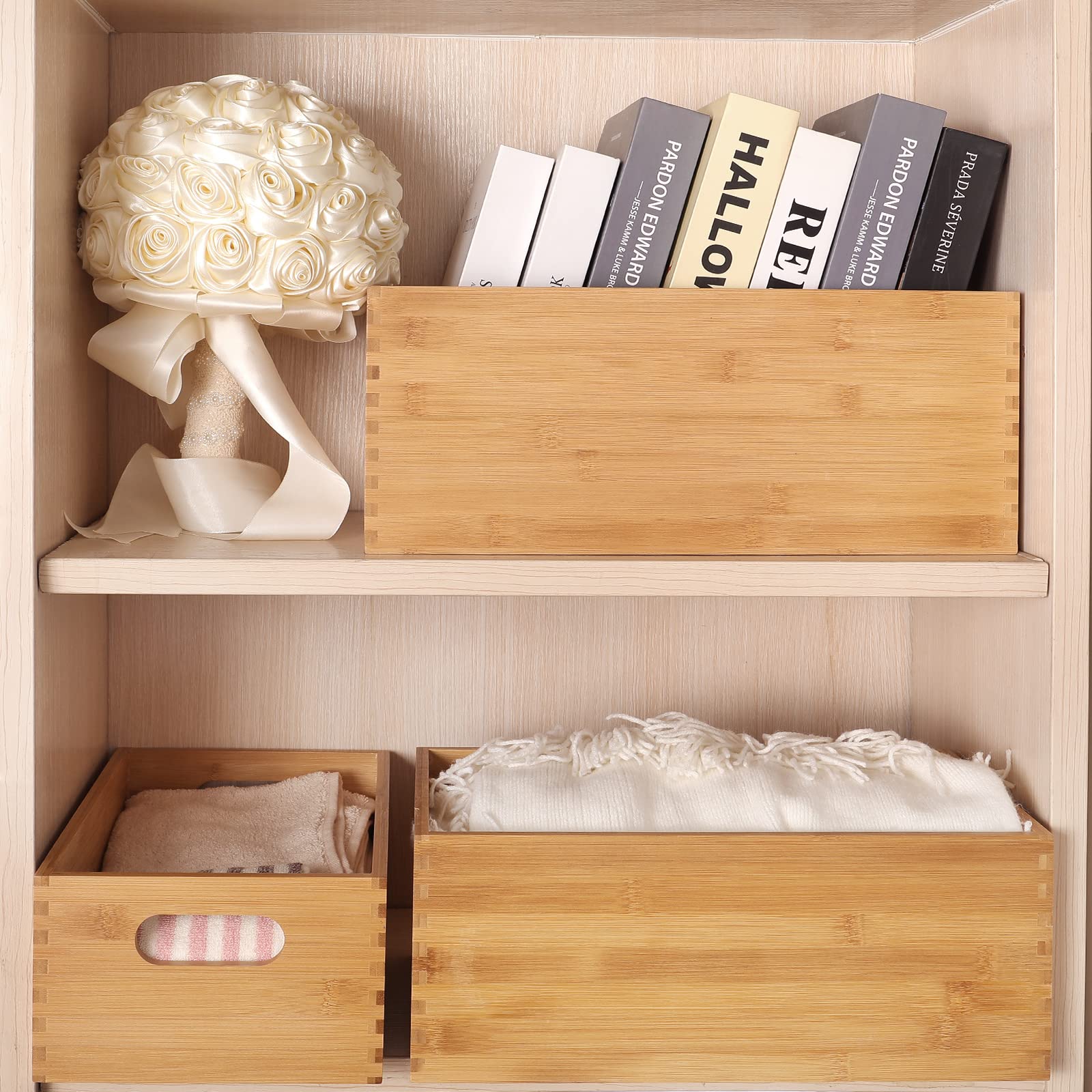 ANMINY Set of 4 Nesting Wooden Crates for Storage, Bamboo Wood Storage Containers Bins, Handmade Natural Large Wooden Storage Boxes Baskets with Handles for Organizing Shelf Closet Cabinet