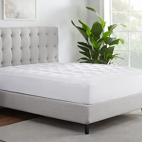 SERTA ComfortSure Breathable Elastic Dobby Check Quilted Pillow Top Mattress Pad Cover with 18" Deep Pocket for All Season, White, King
