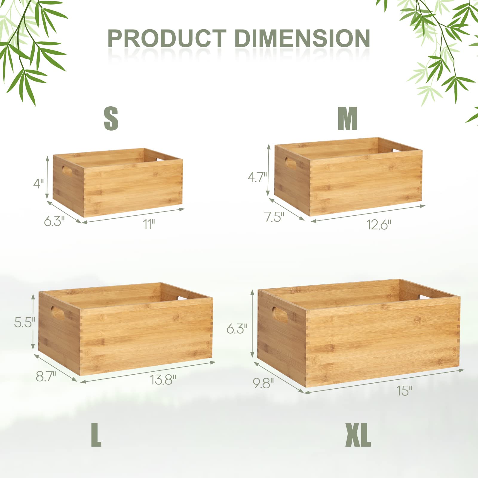 ANMINY Set of 4 Nesting Wooden Crates for Storage, Bamboo Wood Storage Containers Bins, Handmade Natural Large Wooden Storage Boxes Baskets with Handles for Organizing Shelf Closet Cabinet