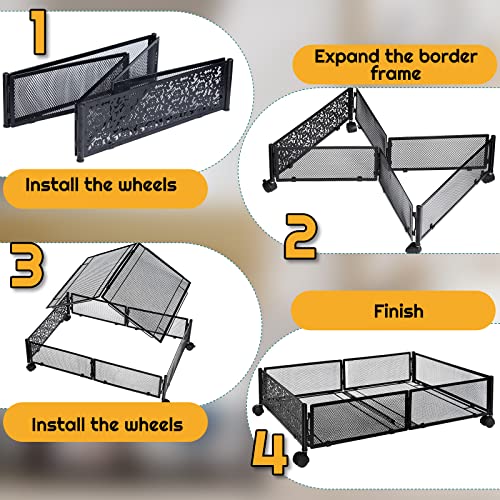 4 Pcs Under Bed Storage with Wheels, Black Rolling Under Bed Bins Drawer Foldable Under bed Containers Metal Under Bed Shoe Storage Organizer for Clothes Blankets, 16 x 24 x 6 Inch