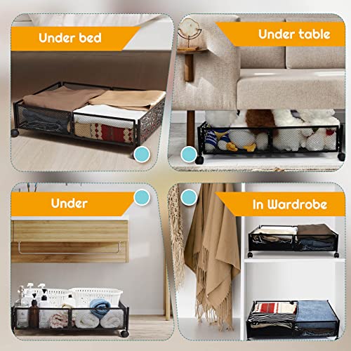 4 Pcs Under Bed Storage with Wheels, Black Rolling Under Bed Bins Drawer Foldable Under bed Containers Metal Under Bed Shoe Storage Organizer for Clothes Blankets, 16 x 24 x 6 Inch