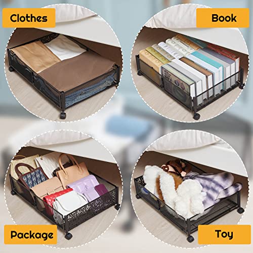 4 Pcs Under Bed Storage with Wheels, Black Rolling Under Bed Bins Drawer Foldable Under bed Containers Metal Under Bed Shoe Storage Organizer for Clothes Blankets, 16 x 24 x 6 Inch