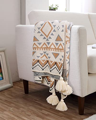 Knitted Throw Blanket for Couch with Tassels, Boho Style Throw for Home Decor, Small Cozy and Soft Blanket for Sofa or Outdoor, Navajo Farmhouse Blankets 50 x 60 Inches