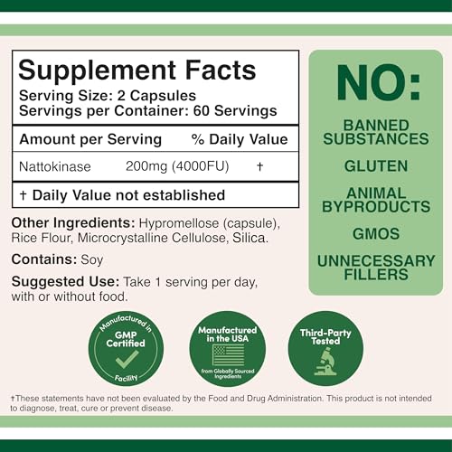 Nattokinase Supplement 4,000 FU Servings, 120 Capsules (Derived from Japanese Natto) Systemic Enzymes for Cardiovascular and Circulatory Support by Double Wood