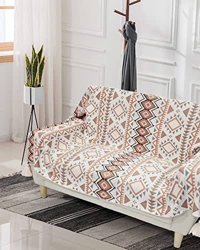 Knitted Throw Blanket for Couch with Tassels, Boho Style Throw for Home Decor, Small Cozy and Soft Blanket for Sofa or Outdoor, Navajo Farmhouse Blankets 50 x 60 Inches