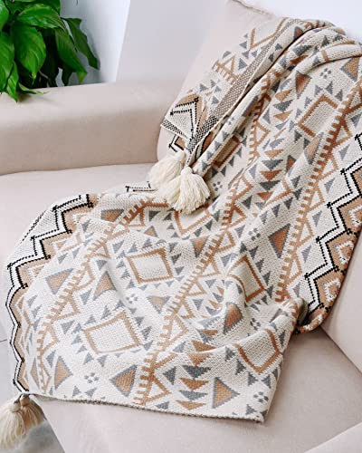 Knitted Throw Blanket for Couch with Tassels, Boho Style Throw for Home Decor, Small Cozy and Soft Blanket for Sofa or Outdoor, Navajo Farmhouse Blankets 50 x 60 Inches