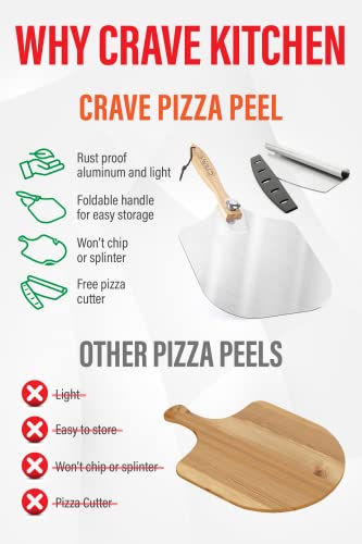 𝗣𝗶𝘇𝘇𝗮 𝗣𝗲𝗲𝗹 Pizza Turning Peel [12 Inch with Pizza Cutter] - Foldable Metal Pizza Spatula for Oven and Grill Stone, Professional Pizza Peel Aluminum Paddle for Pizza, Bread, Cookies