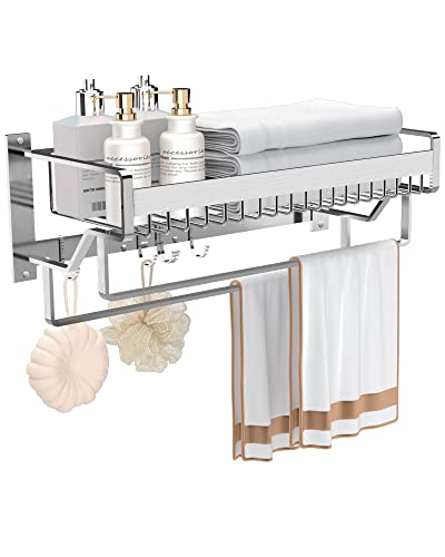 Bathroom Towel Rack Wall Mounted, Double Towel Racks for Bathroom, 22 Inch Bath Towel Rack with Shelf, Spampur Bath Towel Bar, Hotel Towel Rack, Bath Towel Storage Shelf, Bathroom Shelf with Hooks