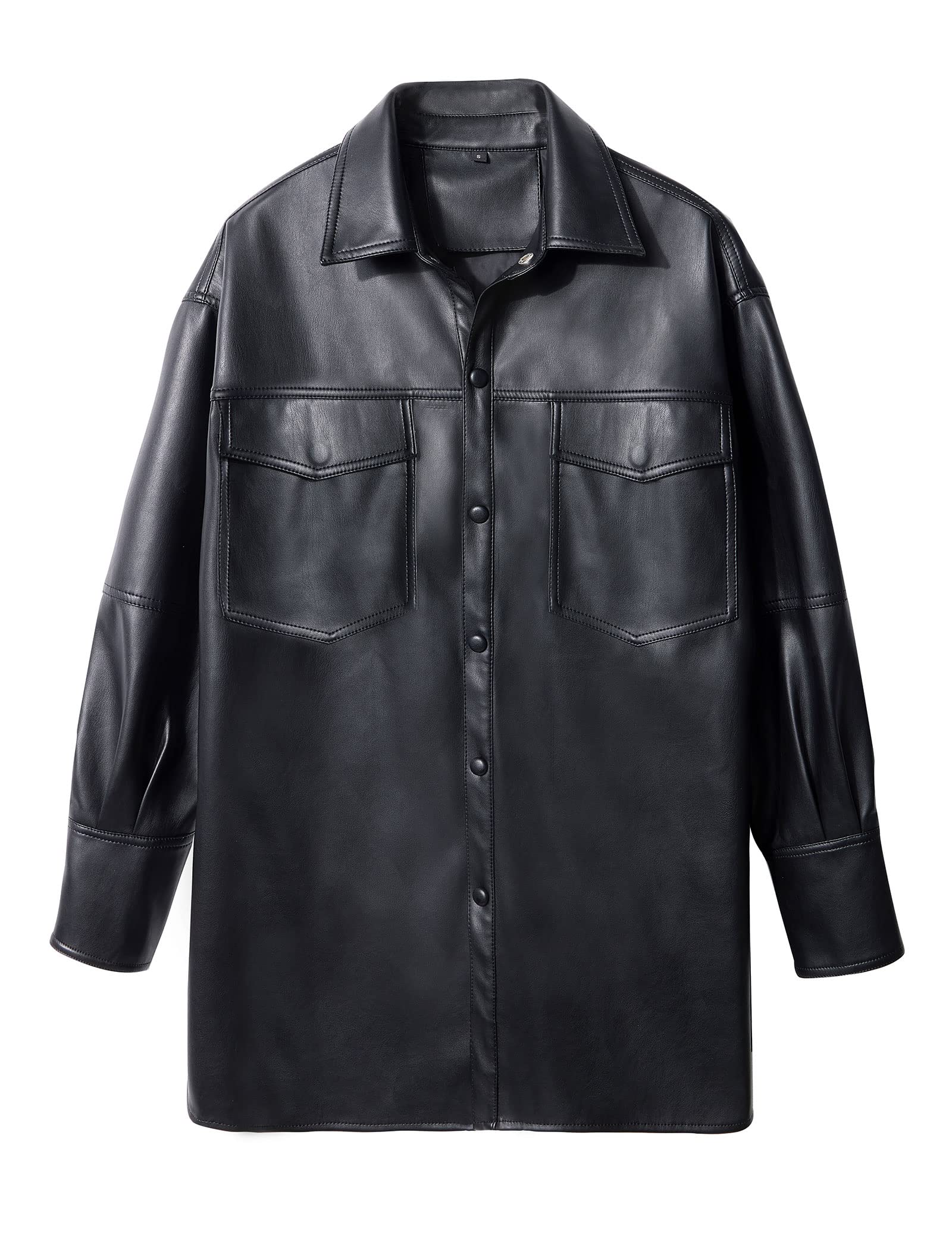 RISISSIDA Women Faux Leather Shacket Jacket,Vegan Pleather Long Sleeve Shirts Black 21001 XX-L