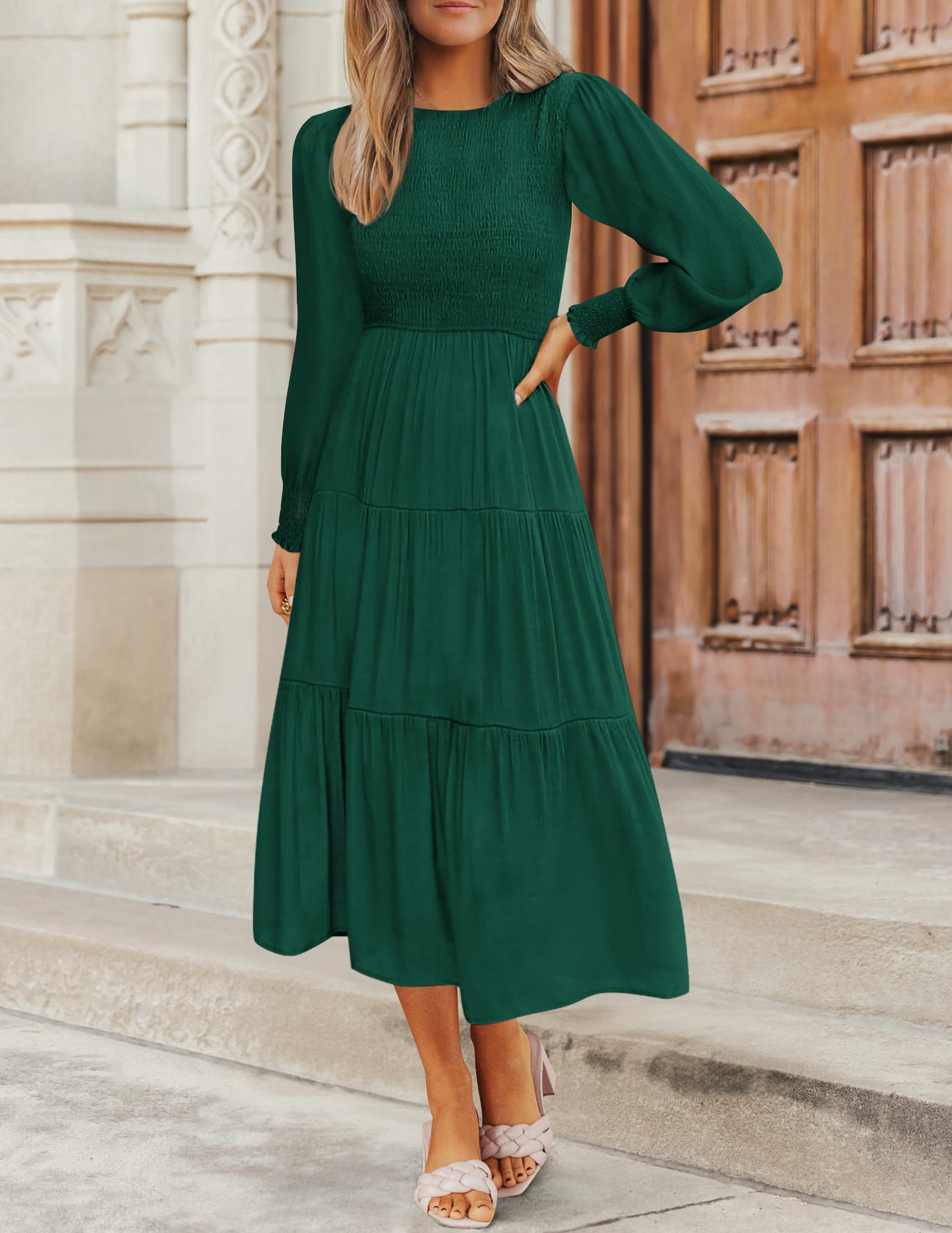 ZESICA Women's Casual Long Sleeve Crew Neck High Waist Smocked Flowy Tiered Midi Dress,DarkGreen,Large