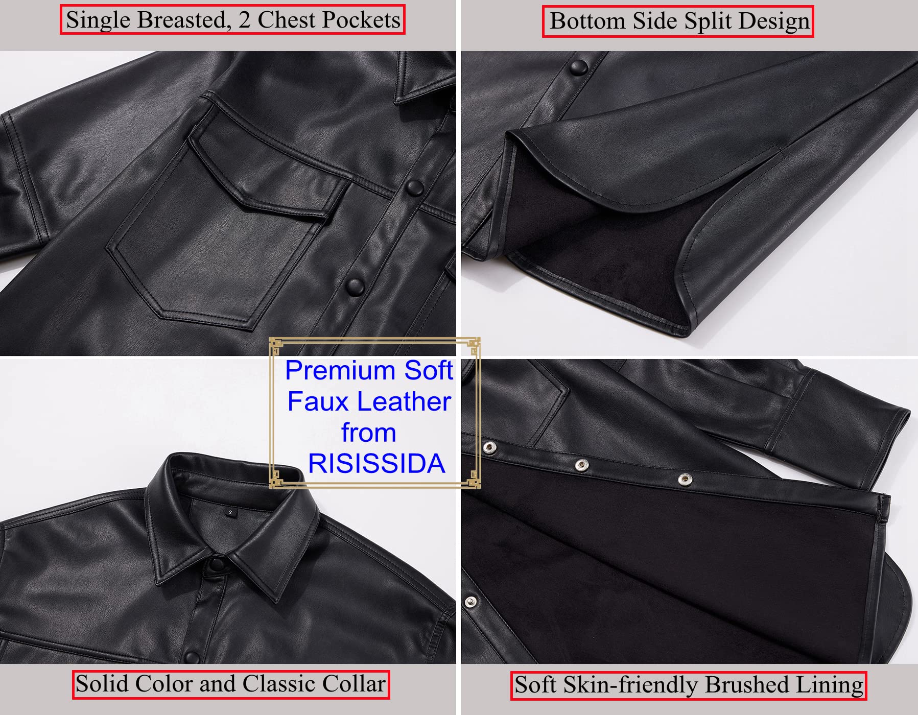 RISISSIDA Women Faux Leather Shacket Jacket,Vegan Pleather Long Sleeve Shirts Black 21001 XX-L