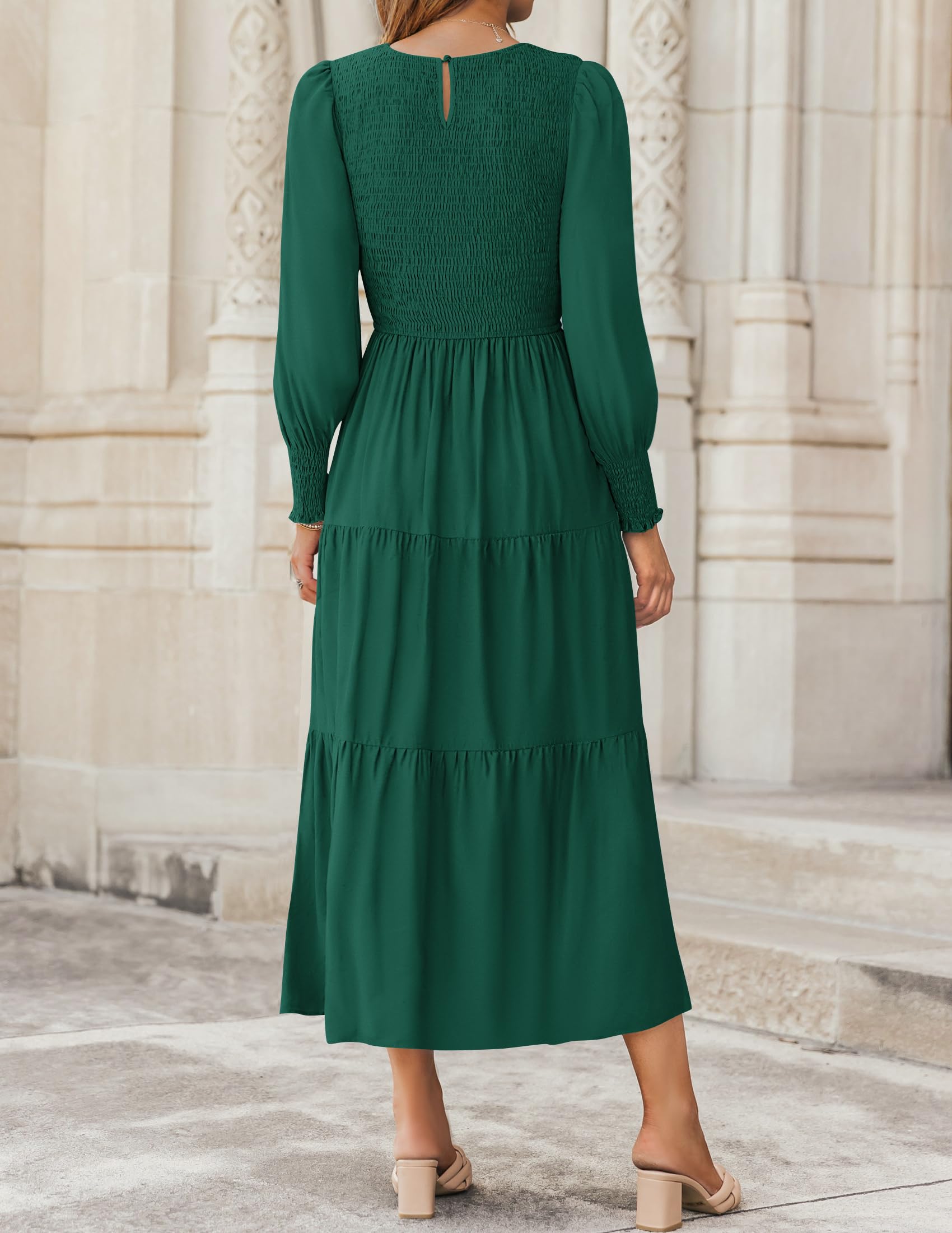 ZESICA Women's Casual Long Sleeve Crew Neck High Waist Smocked Flowy Tiered Midi Dress,DarkGreen,Large