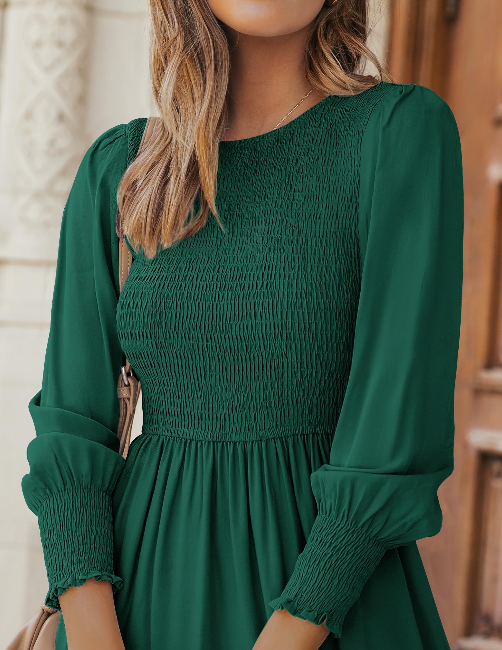 ZESICA Women's Casual Long Sleeve Crew Neck High Waist Smocked Flowy Tiered Midi Dress,DarkGreen,Large