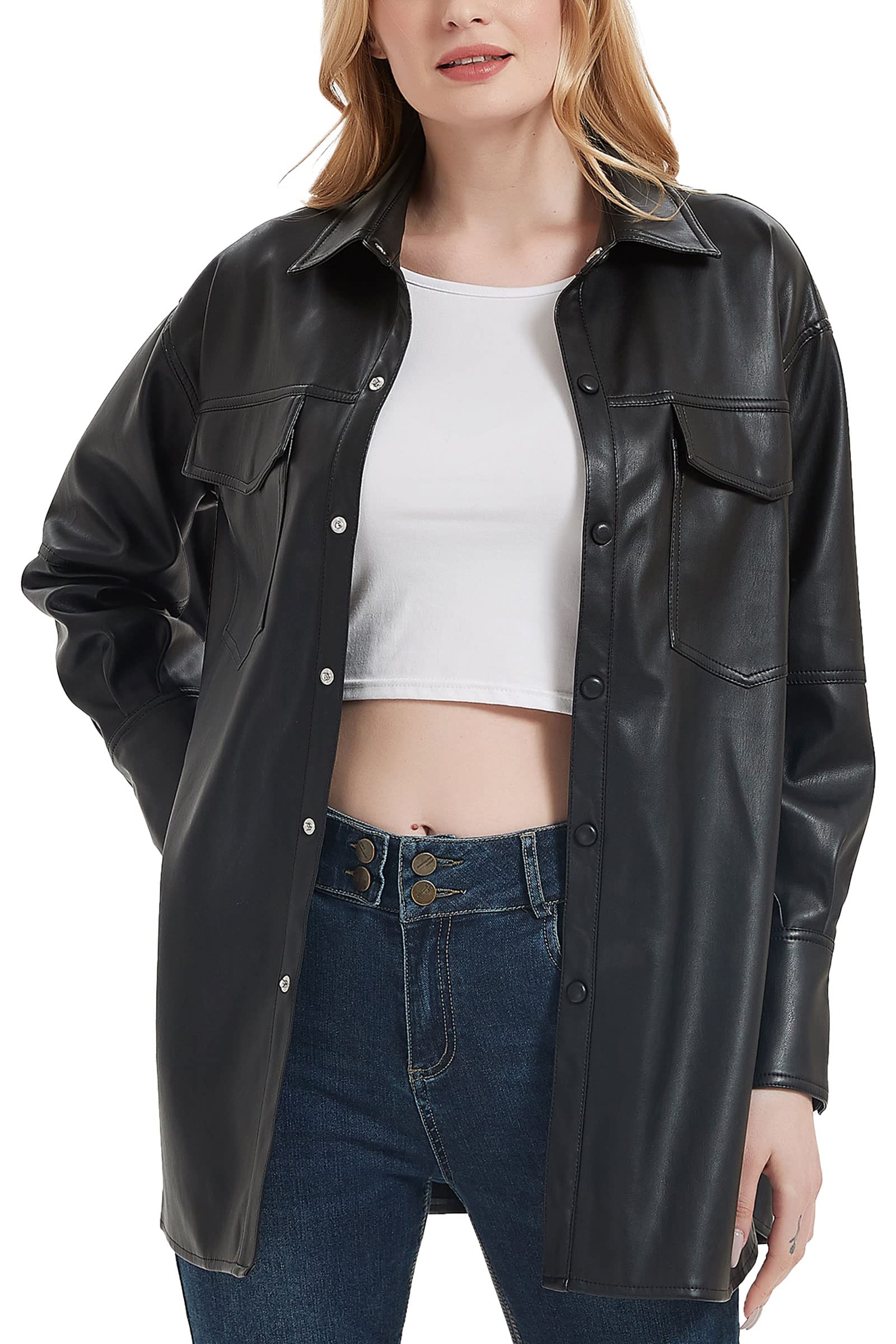 RISISSIDA Women Faux Leather Shacket Jacket,Vegan Pleather Long Sleeve Shirts Black 21001 XX-L