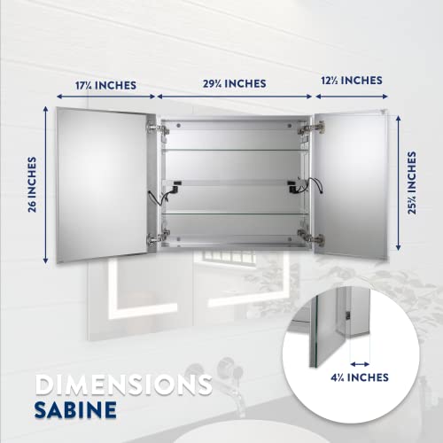 Croydex Sabine Dual, Recessed or Surface Mount, 2 USB Ports, Dimmer, Hang 'n' Lock Easy Installation Illuminated LED Medicine Cabinet, 30W x 26H, Aluminum