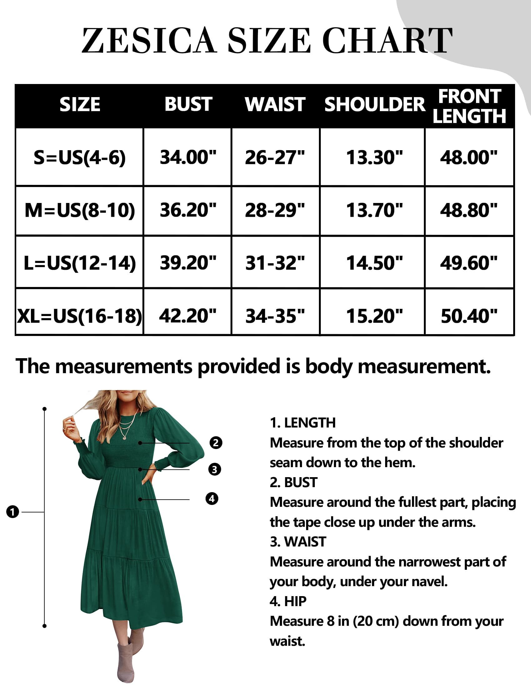 ZESICA Women's Casual Long Sleeve Crew Neck High Waist Smocked Flowy Tiered Midi Dress,DarkGreen,Large