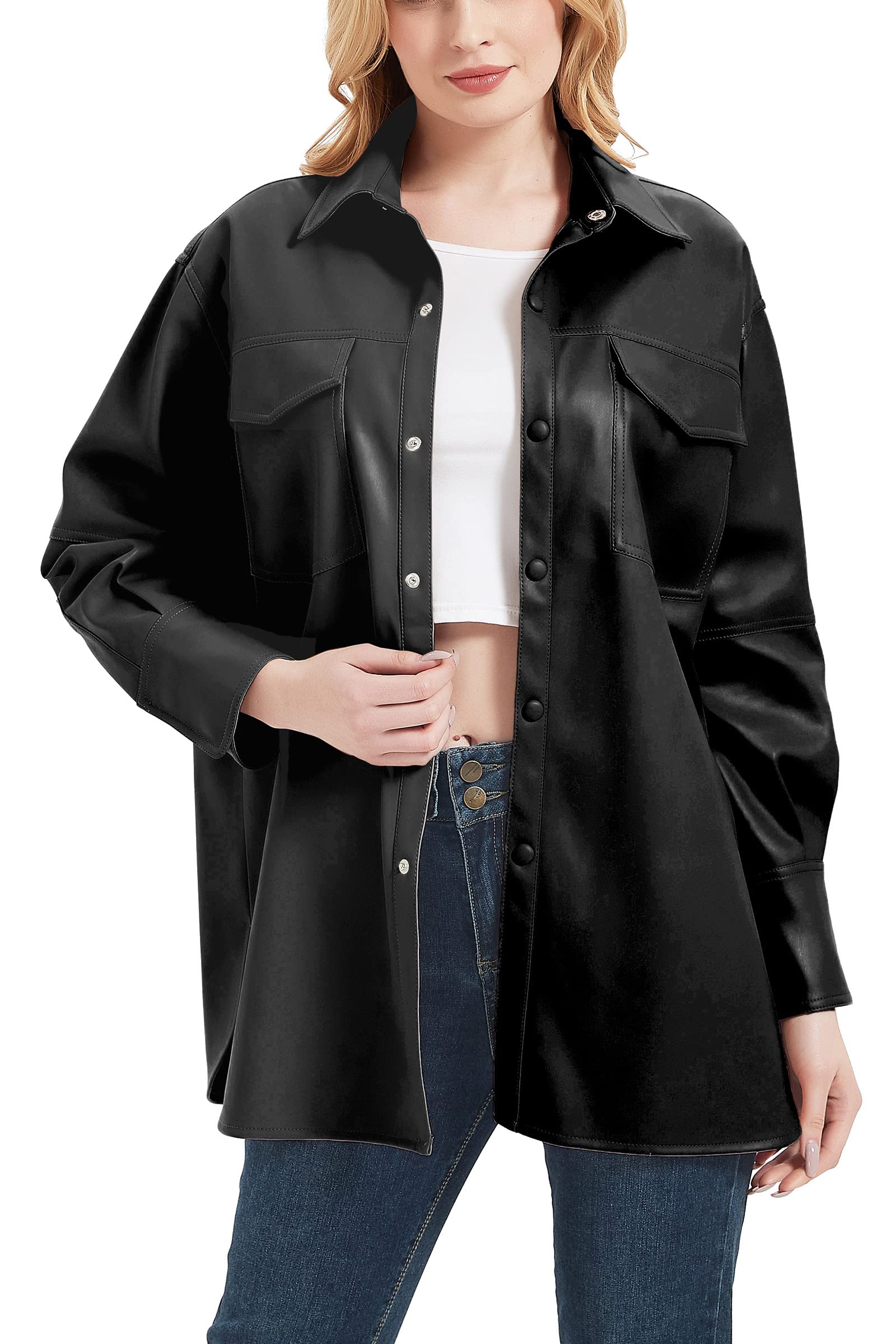 RISISSIDA Women Faux Leather Shacket Jacket,Vegan Pleather Long Sleeve Shirts Black 21001 XX-L