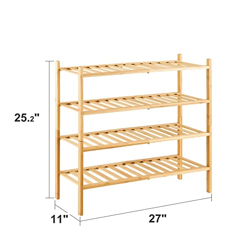 4-Tier Bamboo Shoe Rack for Entryway, Stackable | Heavy Duty | Multi-Function, Free Standing Shoe Racks for Bedroom Hallway Closet