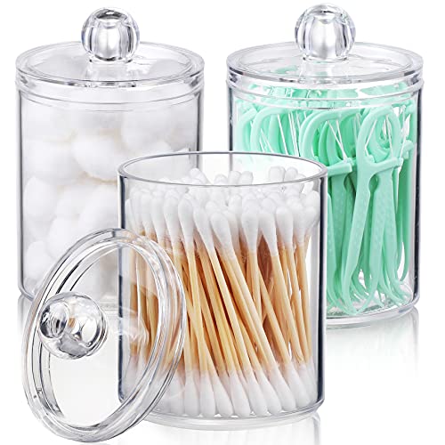AOZITA 9 Pack Qtip Holder Dispenser for Cotton Ball, Cotton Swab, Cotton Round Pads, Floss - 10 oz Clear Plastic Apothecary Jar Set for Bathroom Canister Storage Organization, Vanity Makeup Organizer