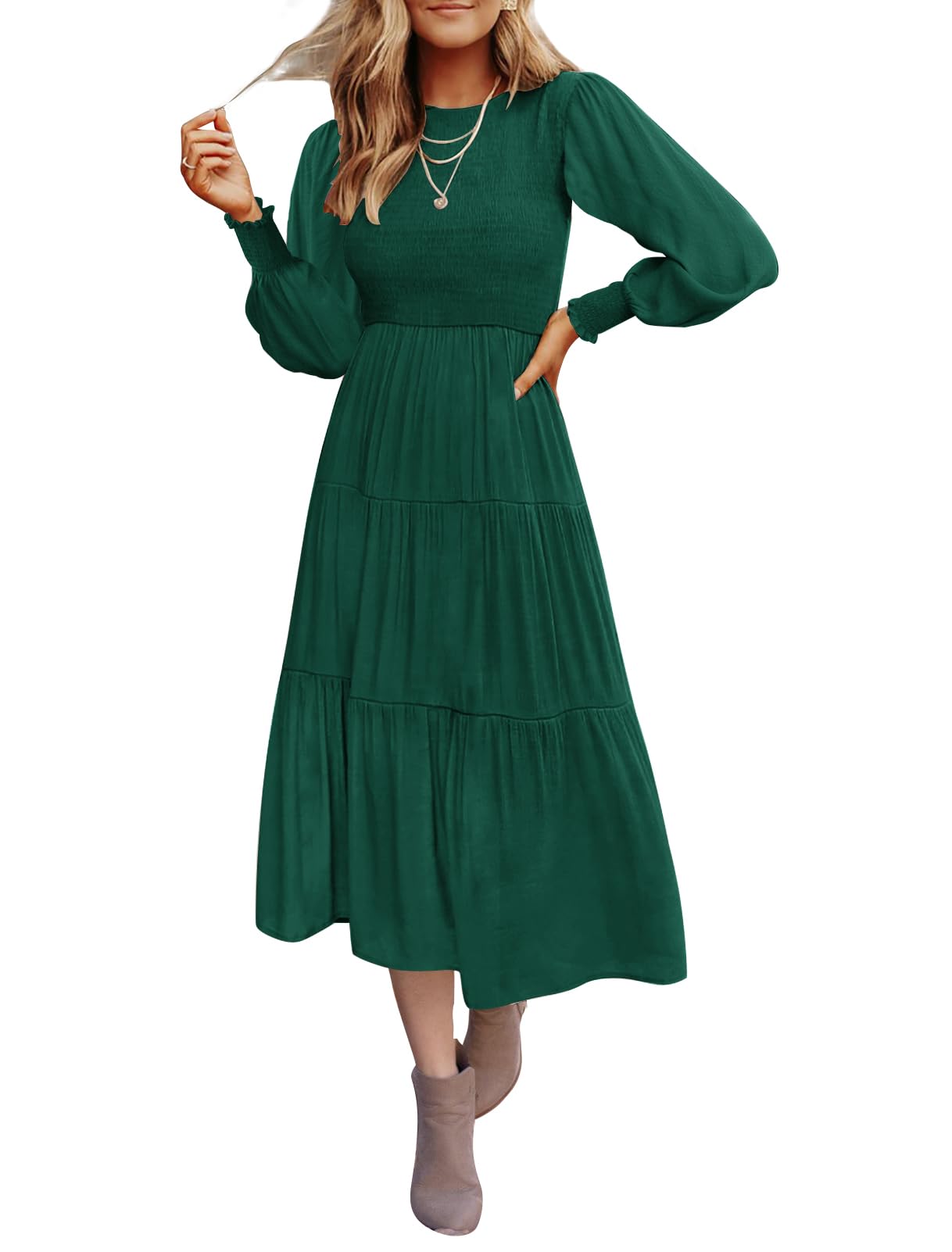 ZESICA Women's Casual Long Sleeve Crew Neck High Waist Smocked Flowy Tiered Midi Dress,DarkGreen,Large