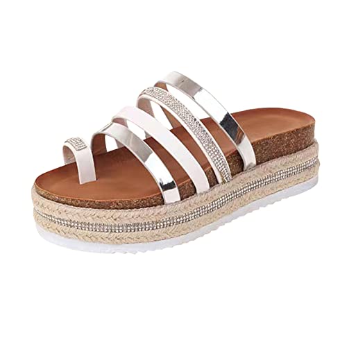 Womens S Sandals Size 9 Ladies Fashion Leather Lace Combination Rhinestone Decorative Sleeve Toe Thick Sole Sandals (Silver, 7.5)
