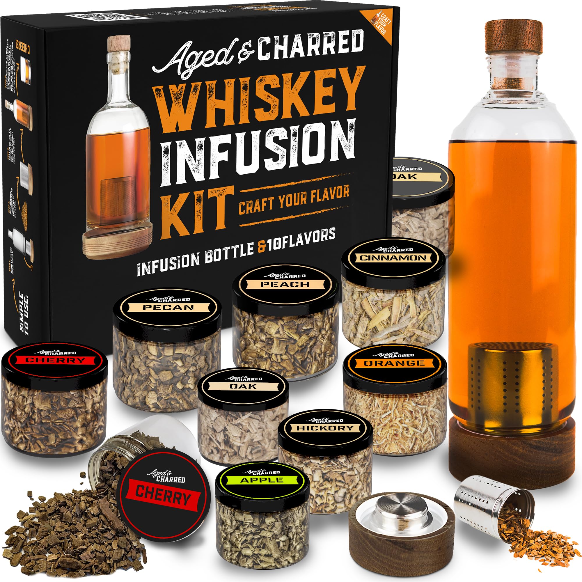 Complete Whiskey Infusion Kit (4 Wood Chips, Orange and Cinnamon Peels) - Whiskey Making Kit Gift Sets for Men - Craft Your Own Whiskey Flavors - Unique Bourbon Gifts for Men