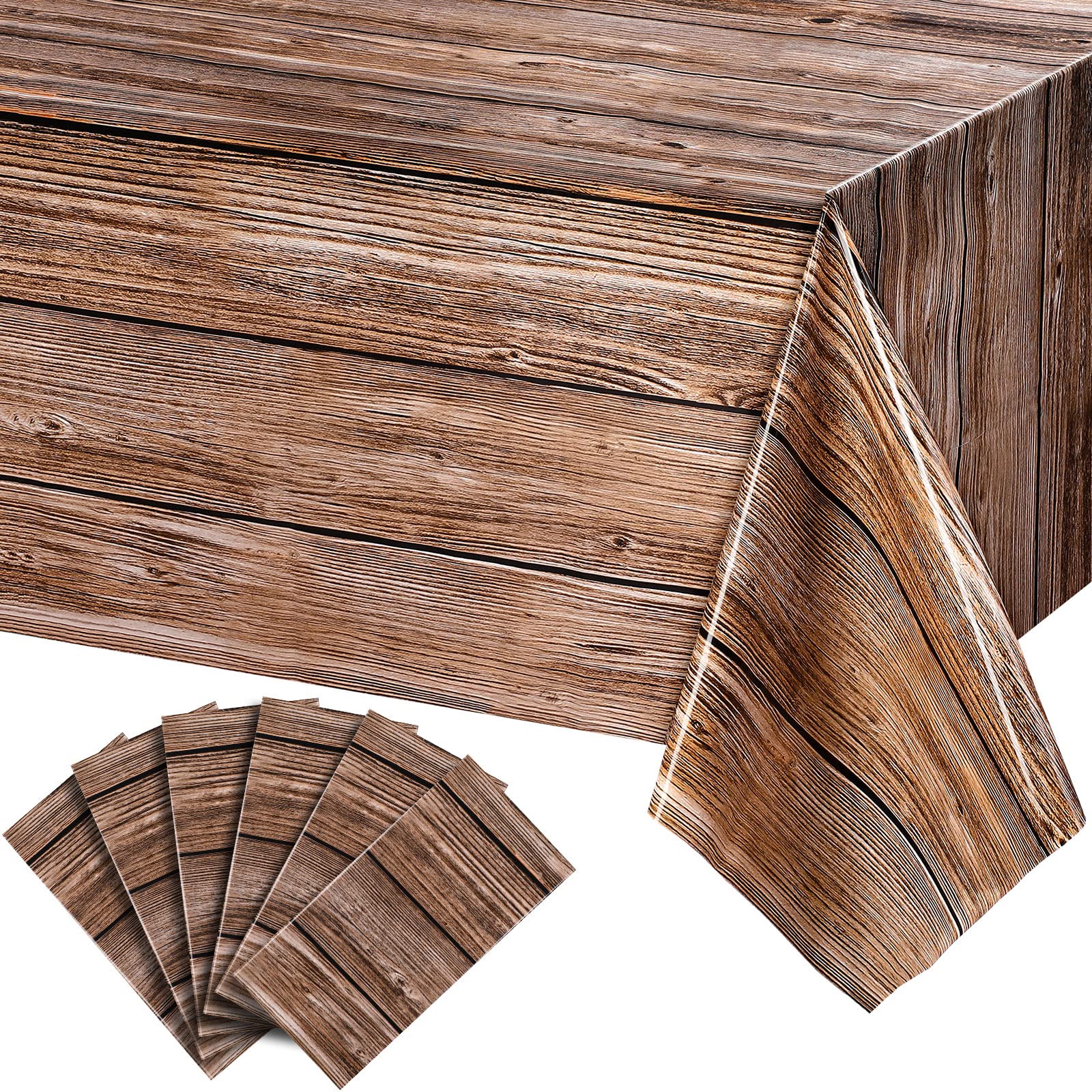 Tatuo Natural Wood Grain Tablecloths Rustic Plastic Table Covers for Rectangle Table, Vintage Farmhouse Style Tablecloth Decorations for Western Barn Themed Birthday, 54 x 108 Inch(Brown,6 Packs)