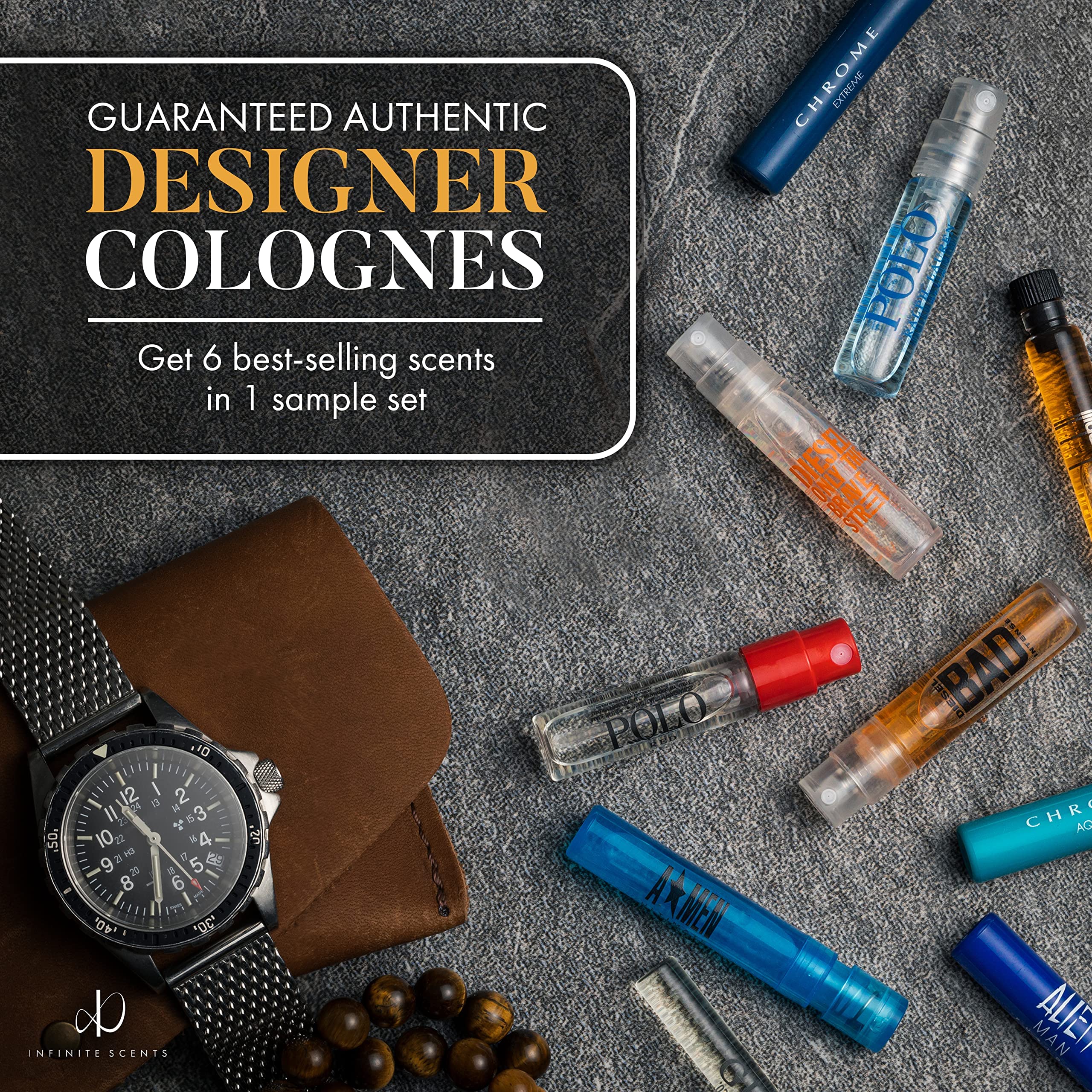 Infinite Scents Men's Cologne Sampler Set: 6 Designer Fragrances + Pocket-Sized Pouch - Travel-Size Cologne Sample Pack Gift Set