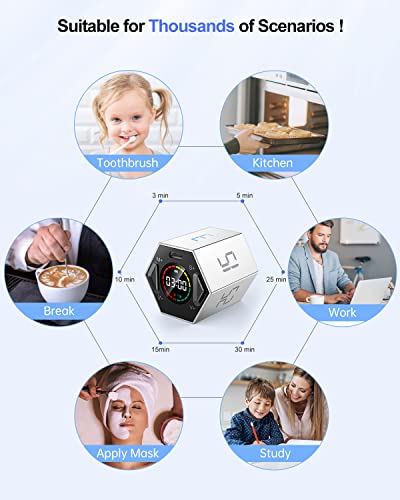 Ticktime Pomodoro Timer, Productivity Timer Cube, Hexagon Magnetic Flip Focus Timer, Mute & Adjustable Sound Alert, for Work, Office, ADHD, Study, Task, 3/5/10/15/25/30min & Custom Countdown - Gray