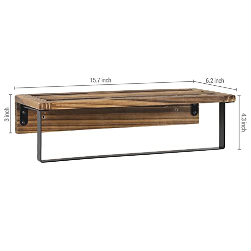 MyGift Wall Mounted Rustic Solid Burnt Wood Hand Towel Rack with Bathroom Accessories Storage Display Shelf
