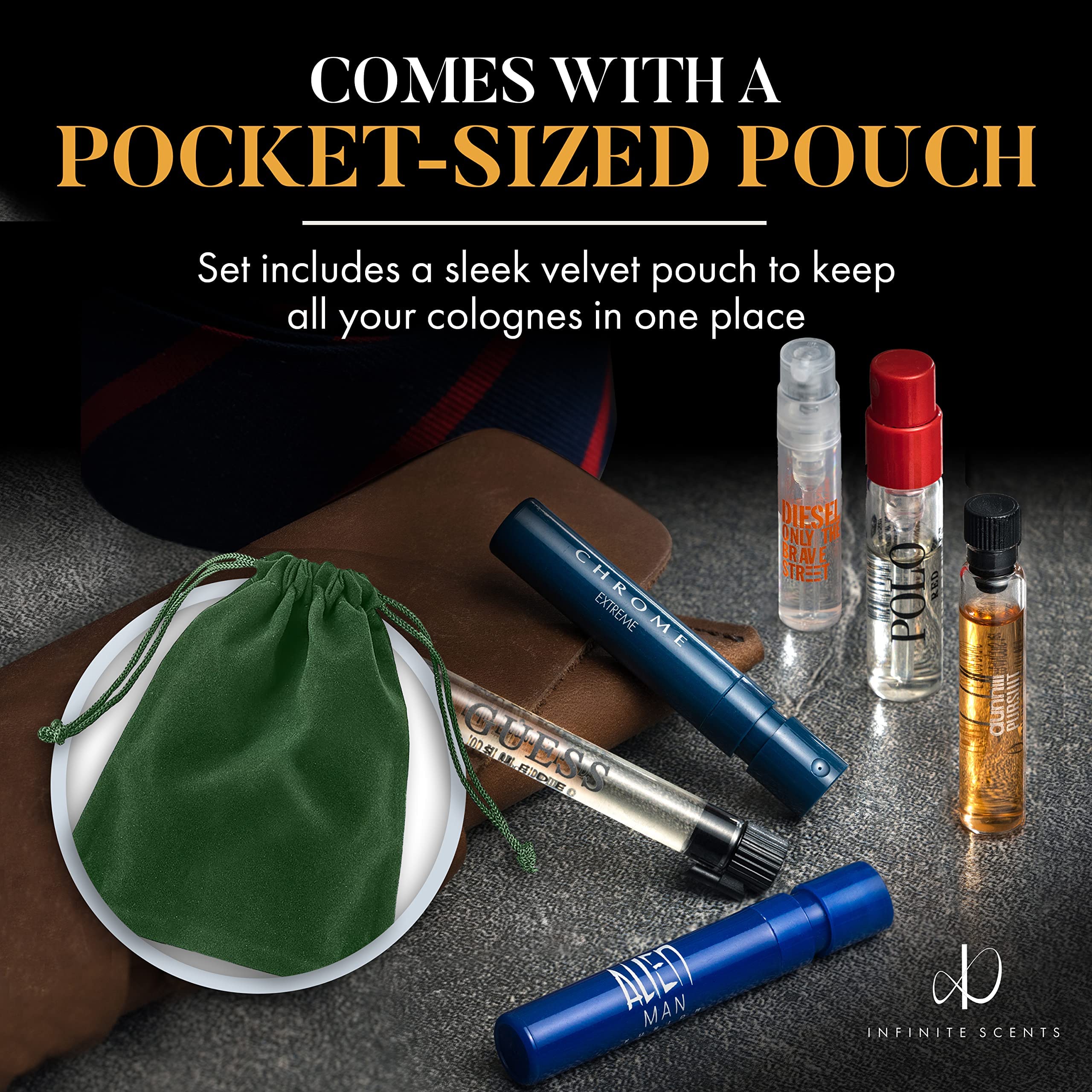 Infinite Scents Men's Cologne Sampler Set: 6 Designer Fragrances + Pocket-Sized Pouch - Travel-Size Cologne Sample Pack Gift Set