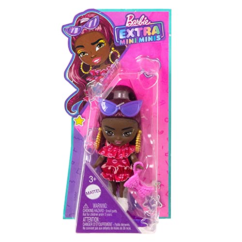 Barbie Extra Mini Minis Doll with Burgundy Hair, Red Ruffle Dress, Sunglasses & Accessories & Stand, 3.25-inch