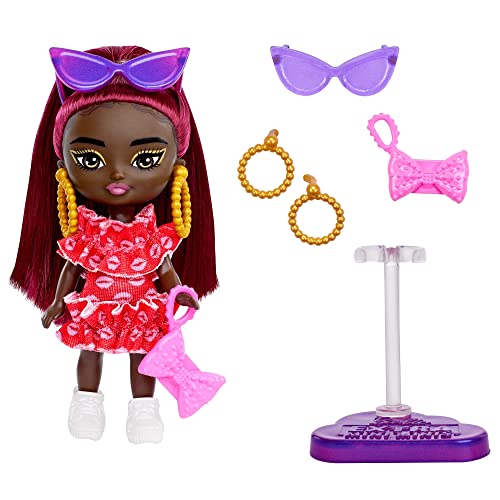 Barbie Extra Mini Minis Doll with Burgundy Hair, Red Ruffle Dress, Sunglasses & Accessories & Stand, 3.25-inch