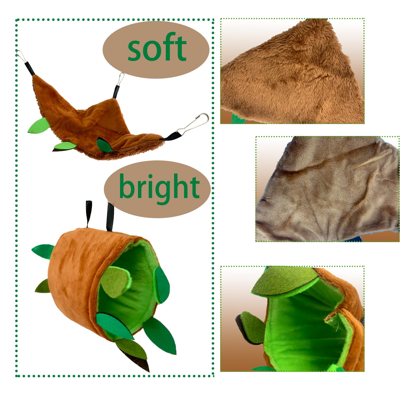 MUYG Hamster Hammock,Small Animal Hanging Hideout Tunnel Sleeping Set Plush Swing Warm Bed House Cage Nest Accessories for Sugar Glider,Squirrel,Brown(5 Pcs)